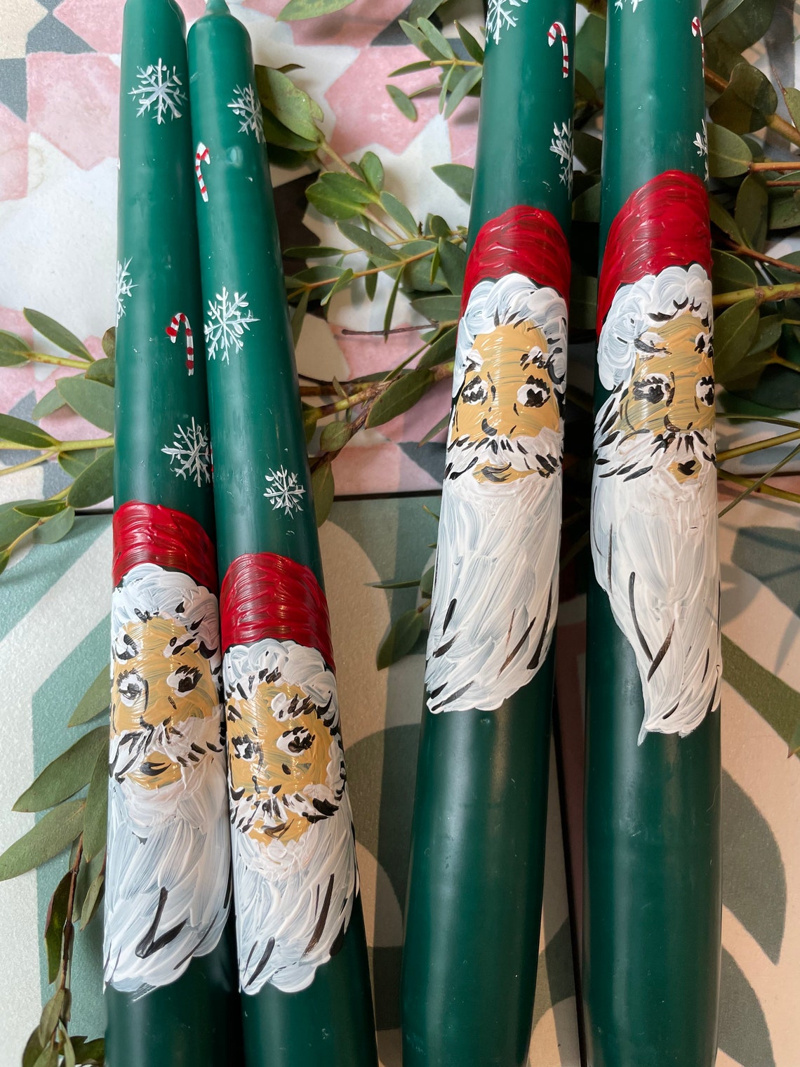 Christmas Green Hand Painted Father Christmas Candles. - Etsy UK
