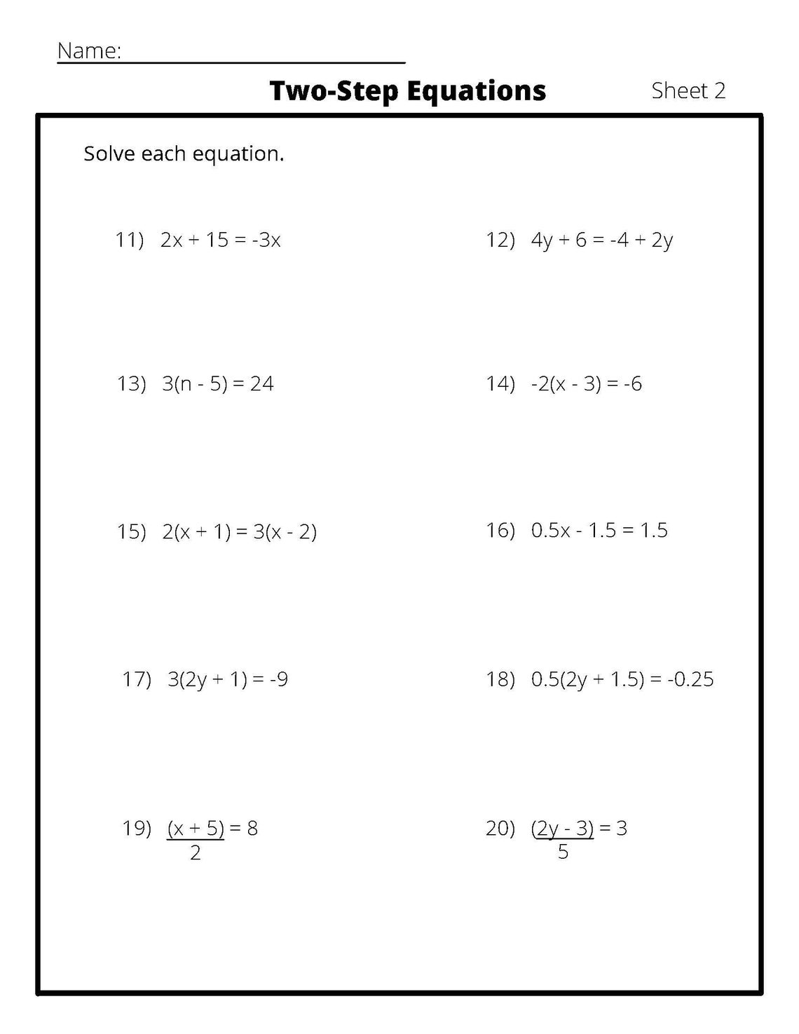 Practice Two-step Algebra Equations With Step by Step Solutions - Etsy