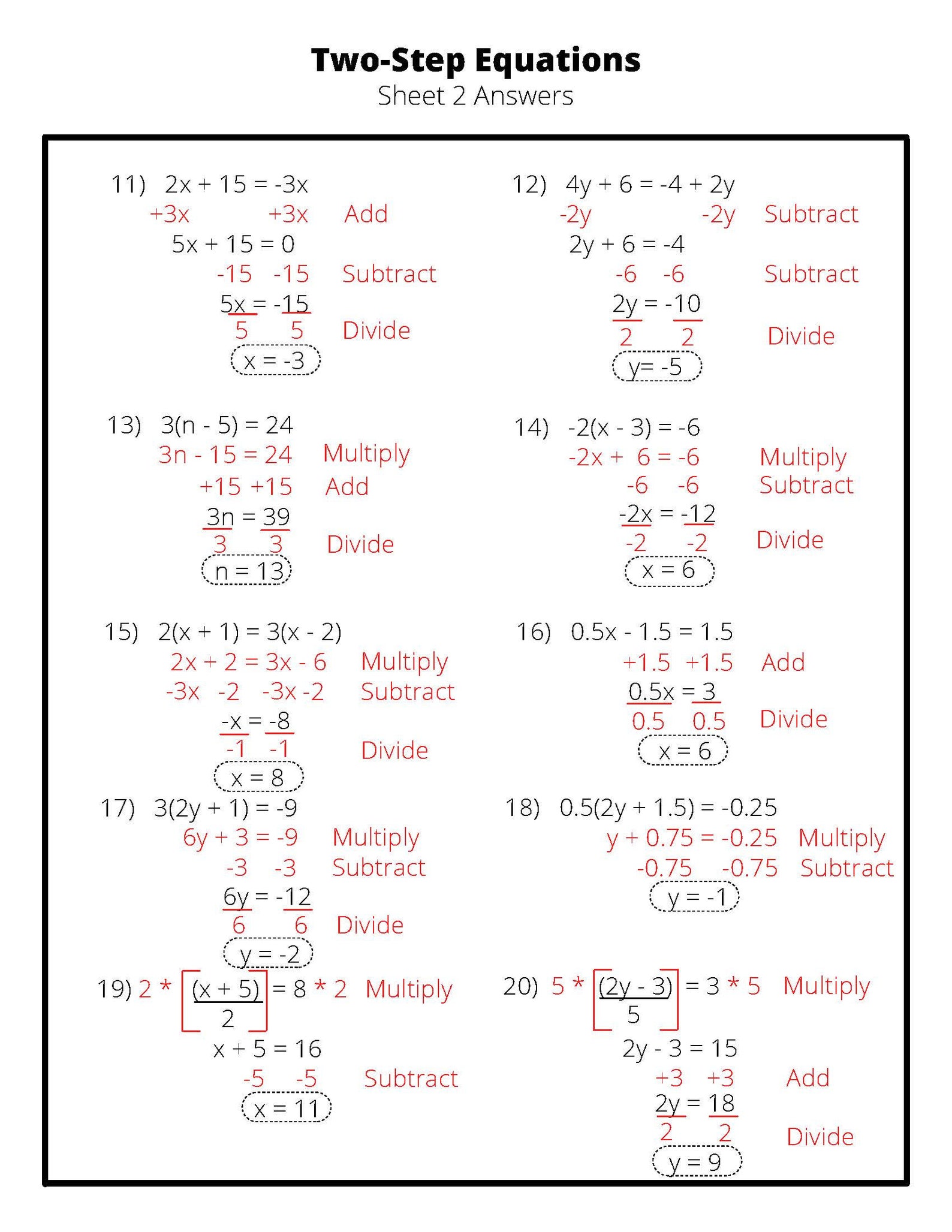 Practice Two-step Algebra Equations With Step by Step Solutions - Etsy