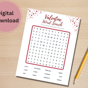 Printable Valentine Word Search W/ Answer Sheet | Digital Download - Etsy