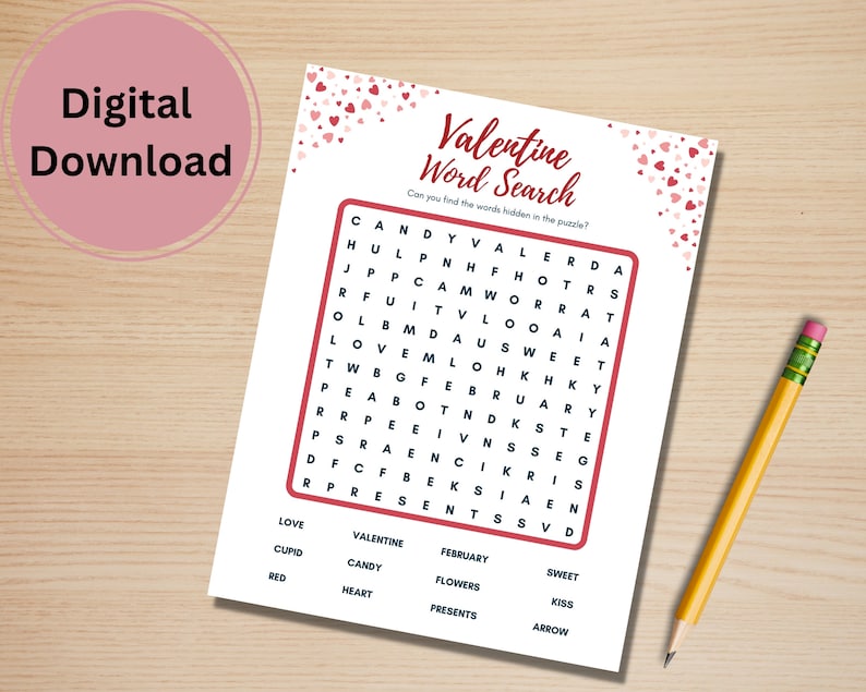 Printable Valentine Word Search W/ Answer Sheet | Digital Download - Etsy