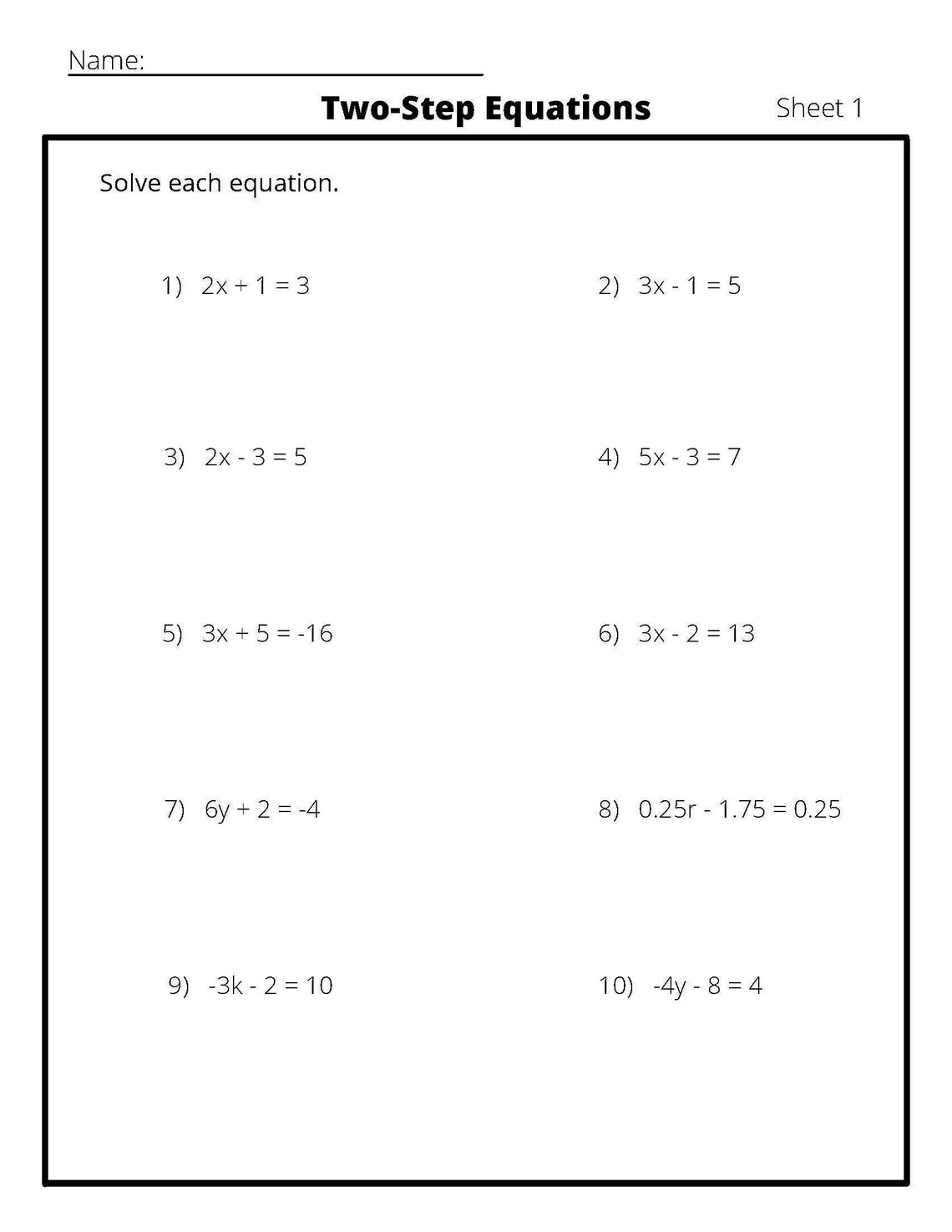 Practice Two-step Algebra Equations With Step by Step Solutions - Etsy
