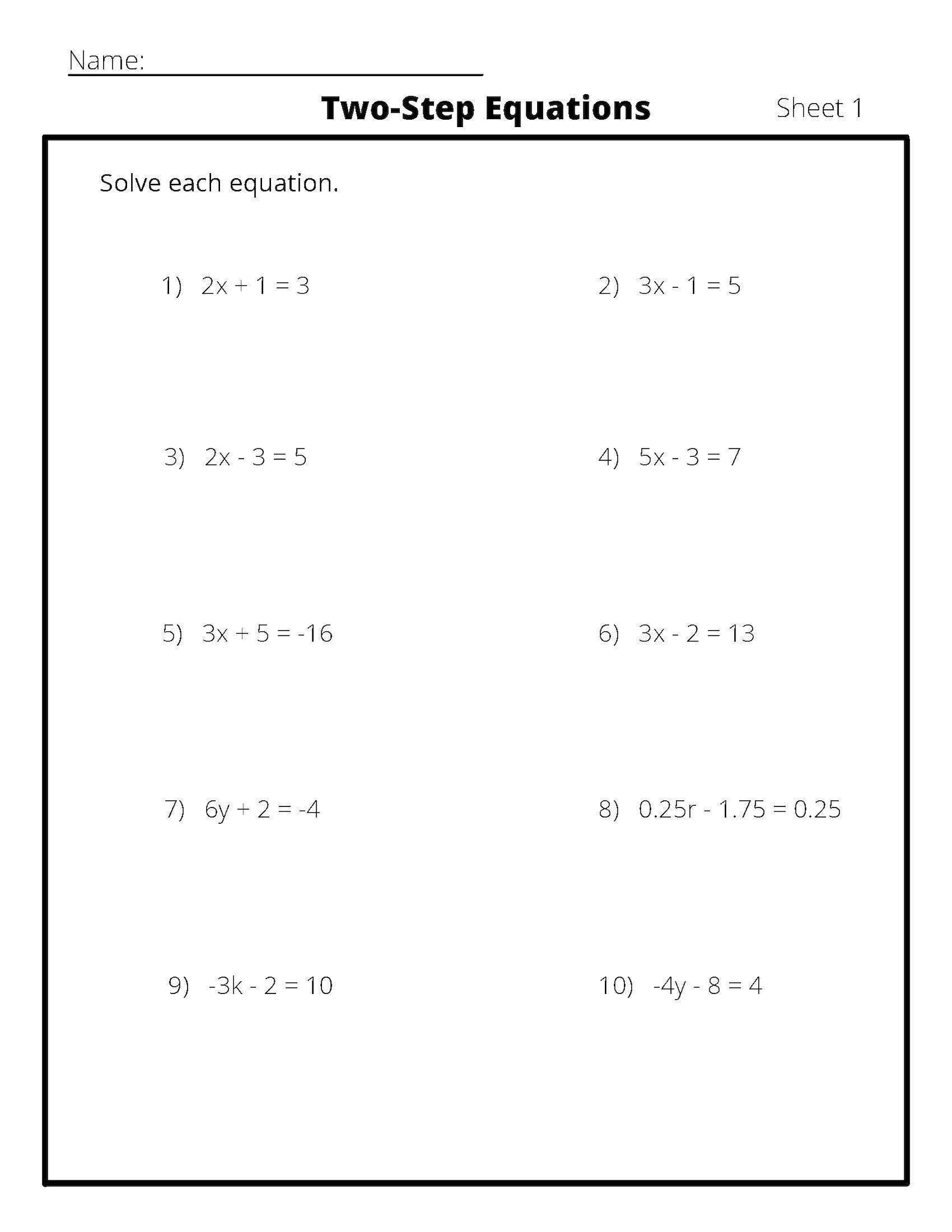 Practice Two-step Algebra Equations With Step by Step Solutions - Etsy