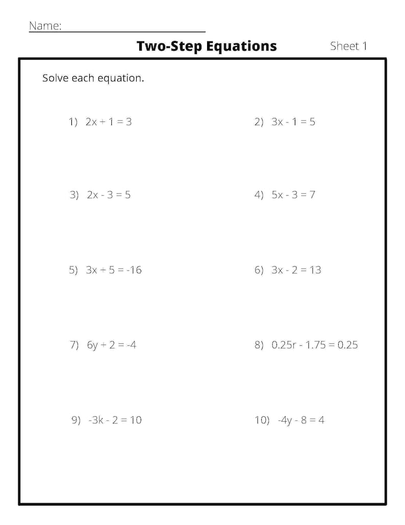 Practice Two-step Algebra Equations With Step by Step Solutions - Etsy