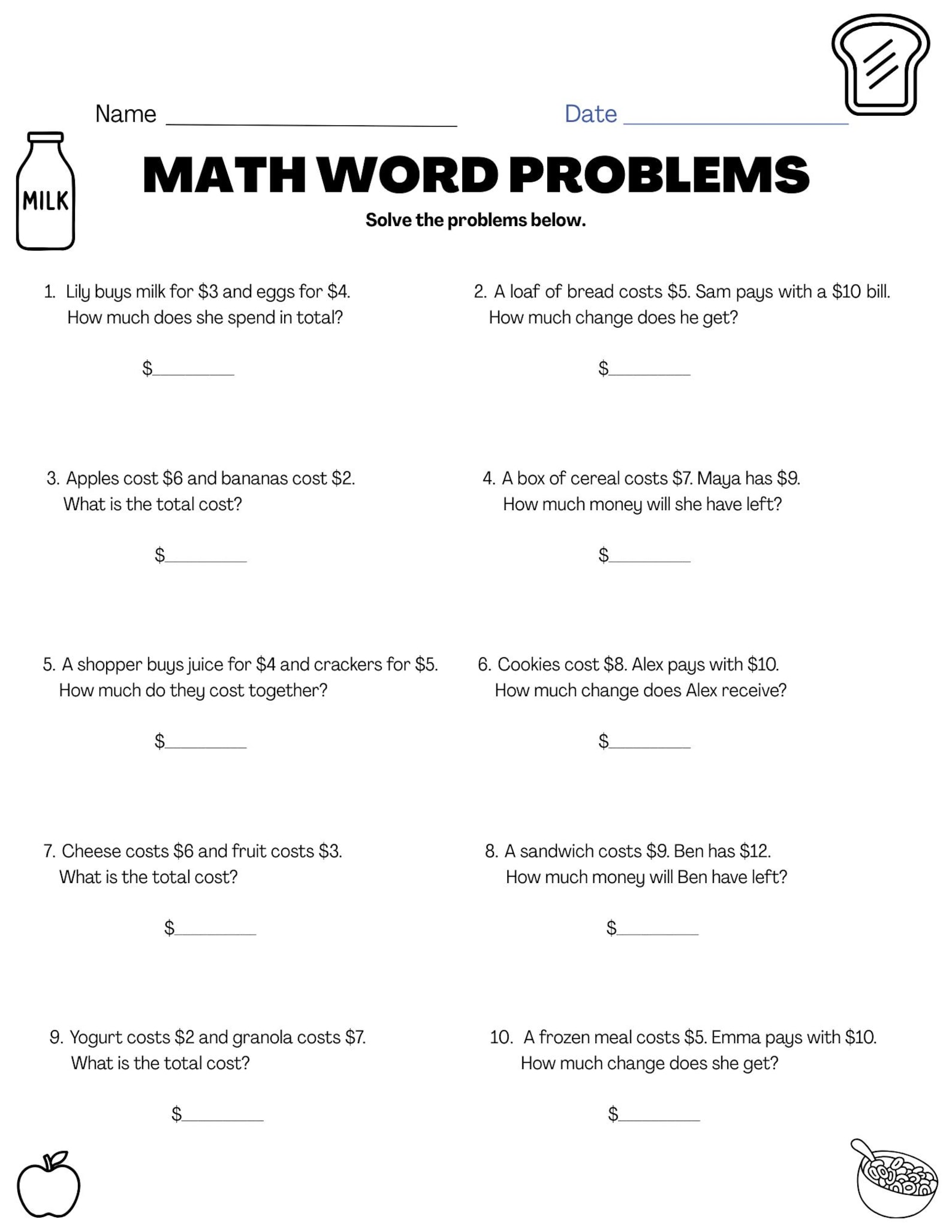 Grocery Store Math Word Problems / Printable Worksheet / Money Math PDF ...