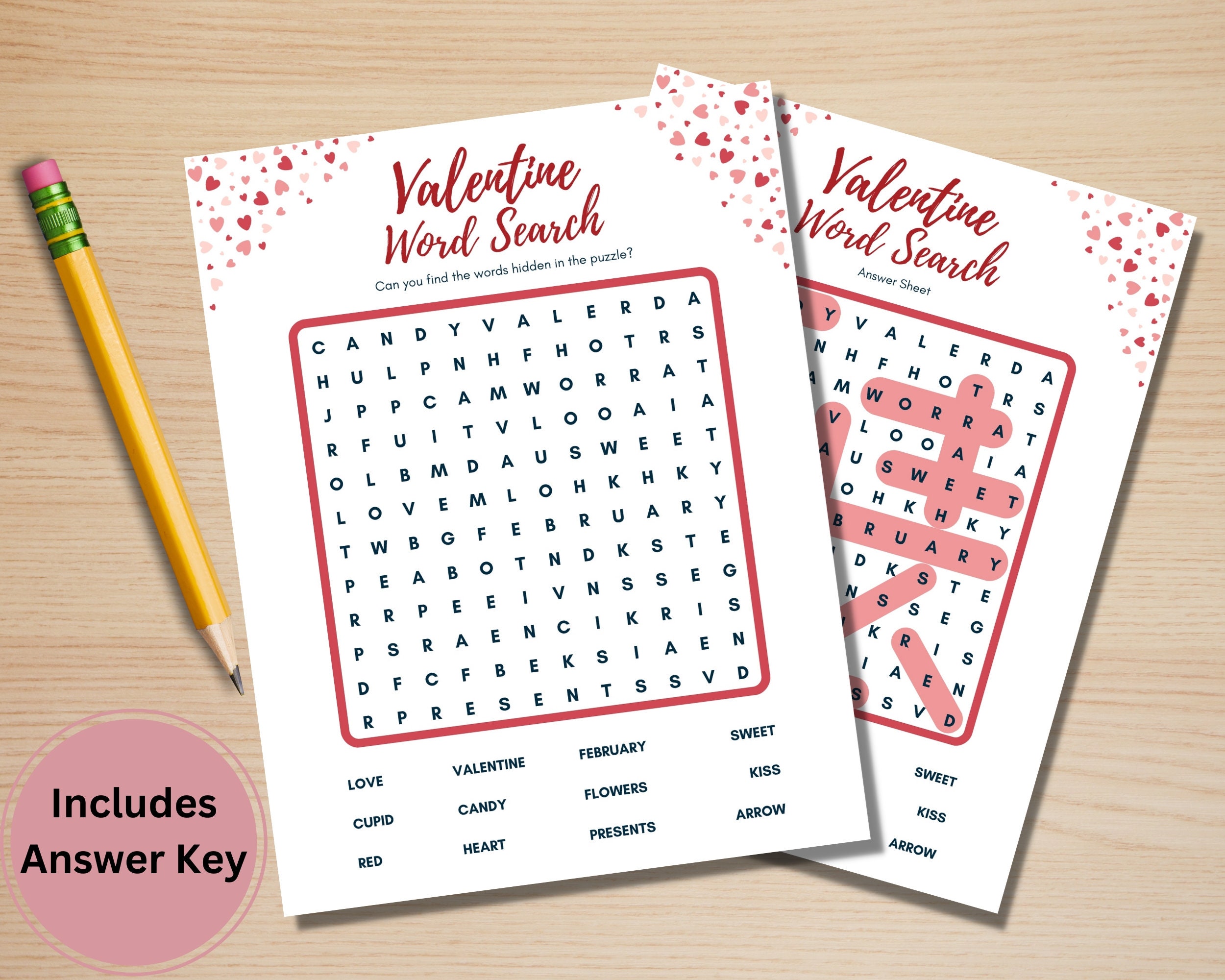 Printable Valentine Word Search W/ Answer Sheet | Digital Download - Etsy