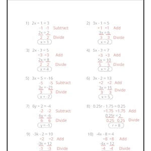Practice Two-step Algebra Equations With Step by Step Solutions - Etsy