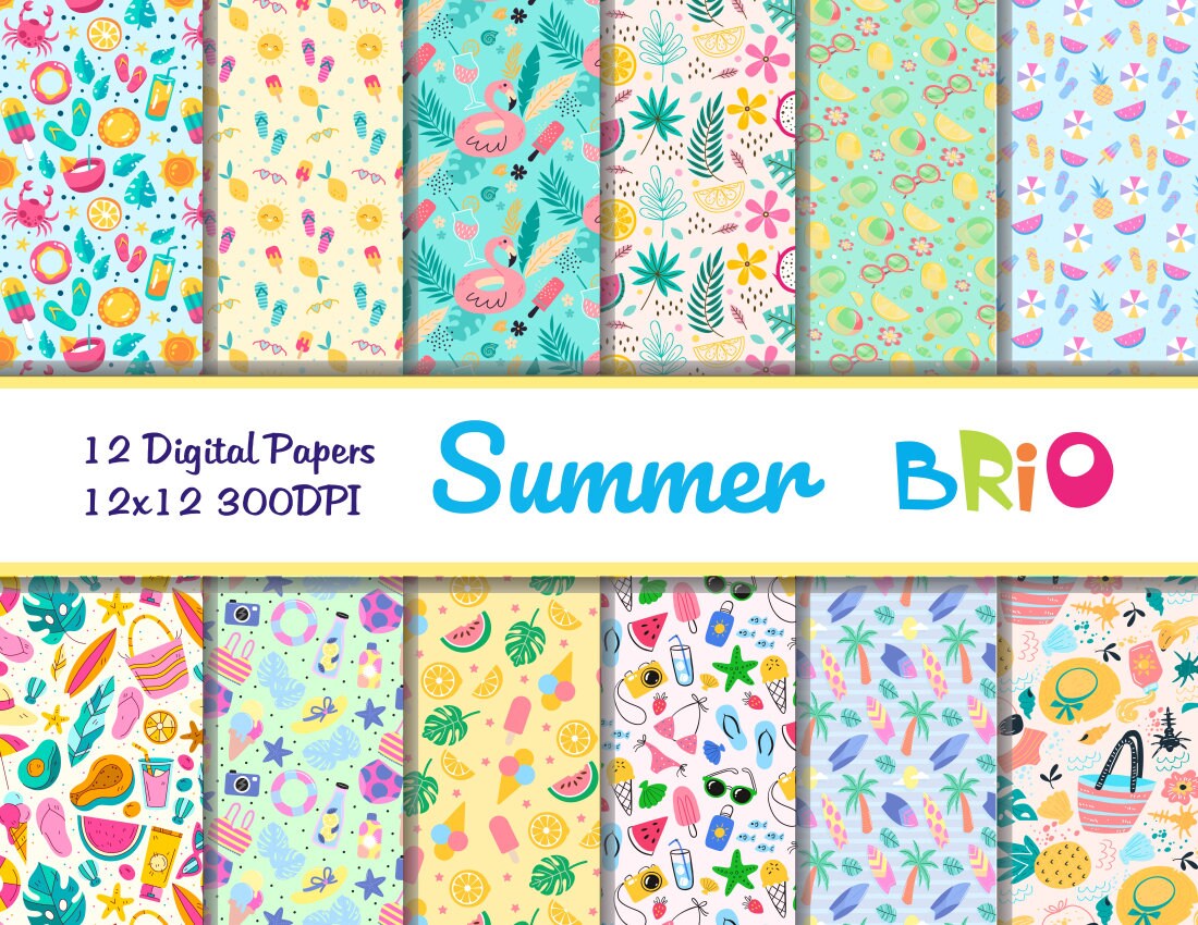 Summer Digital Paper Set/ Beach Digital Paper/ Fruits Digital Paper ...