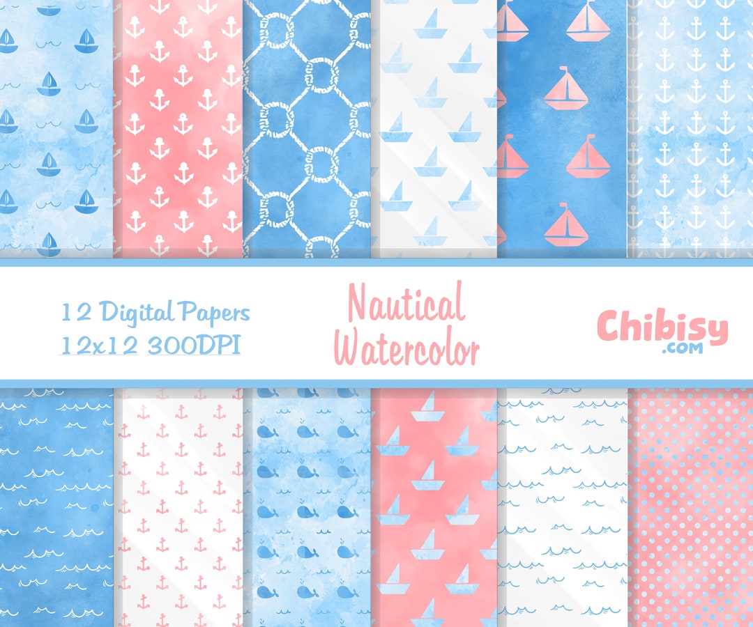 Nautical Watercolor Digital Paper/ Sea Digital Paper/ Whale Boat Wave ...