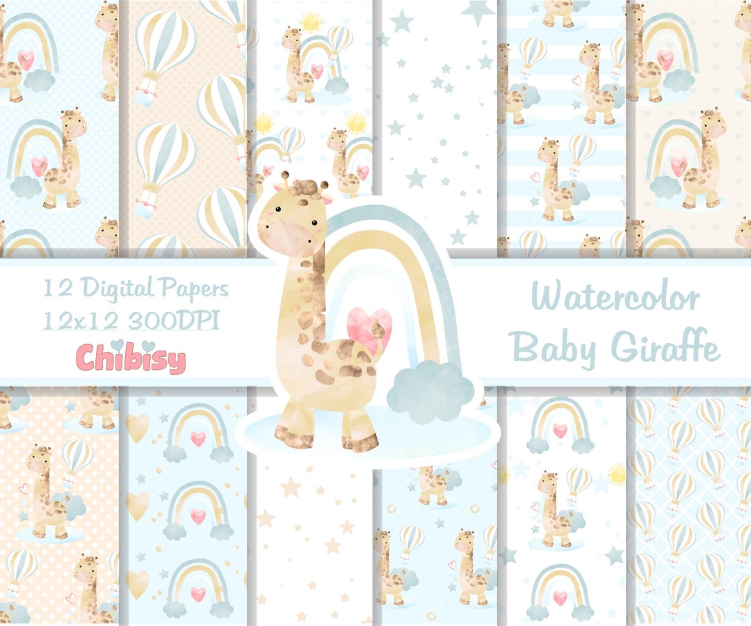 Baby Giraffe Watercolor Digital Paper/ Nursery Design Boy Background ...