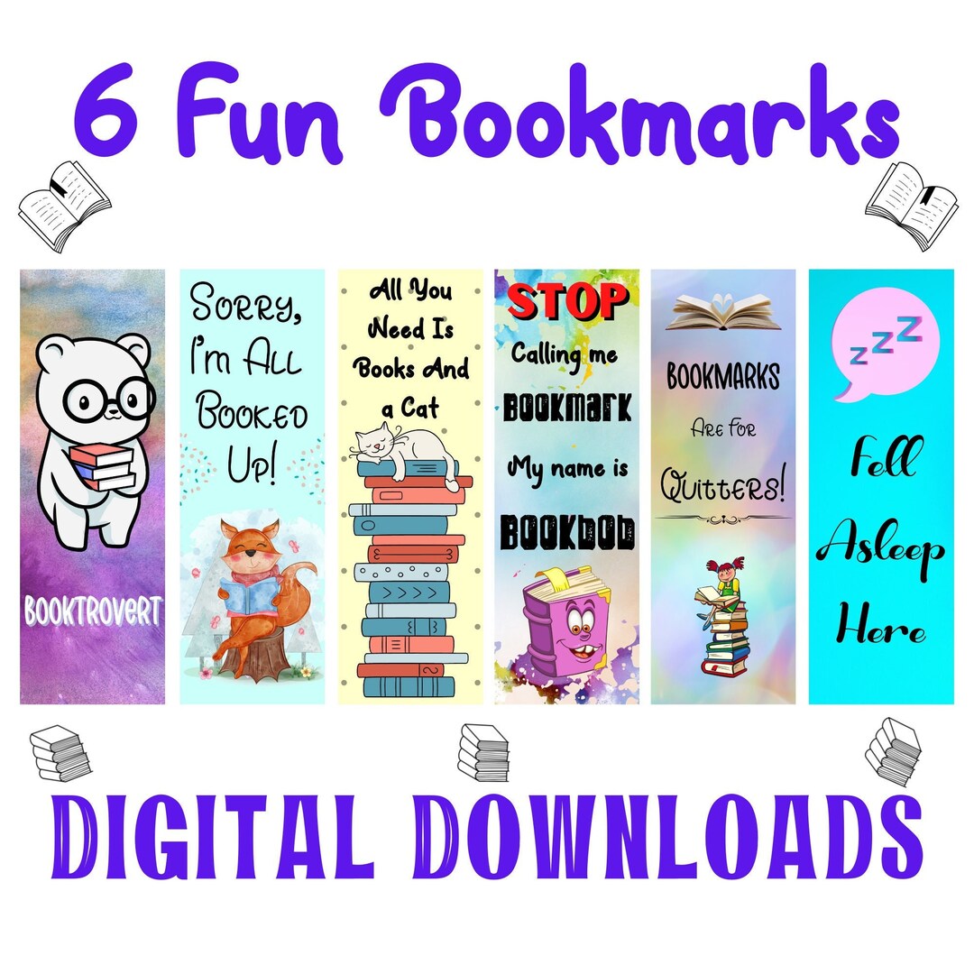 Funny Bookmarks, Digital Printable Bookmarks Set of 6, Printable ...