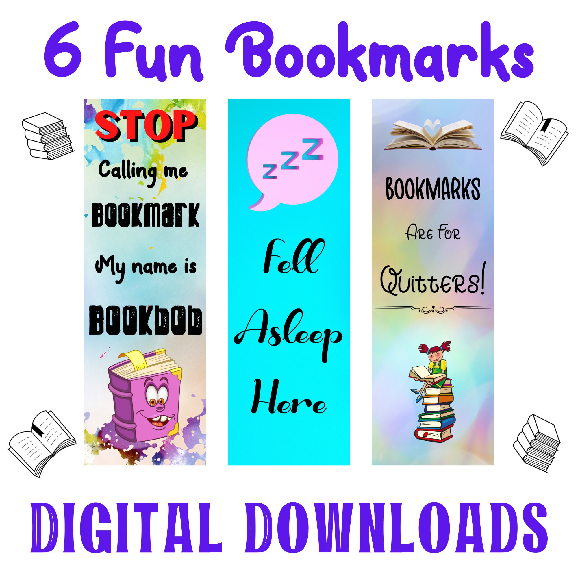 Funny Bookmarks, Digital Printable Bookmarks Set of 6, Printable ...