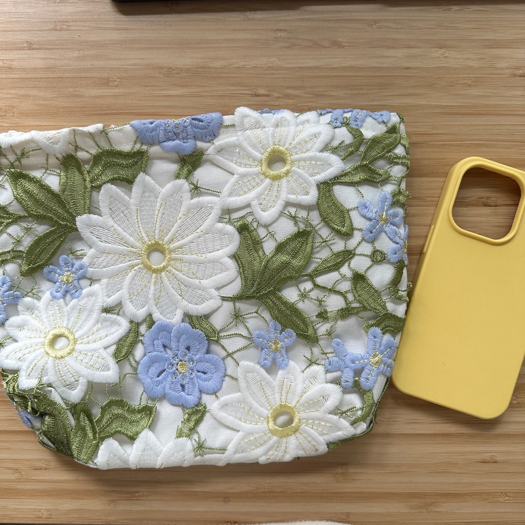 Handmade Crochet Floral Cosmetic Bag: Green & Navy Makeup Pouch New ...