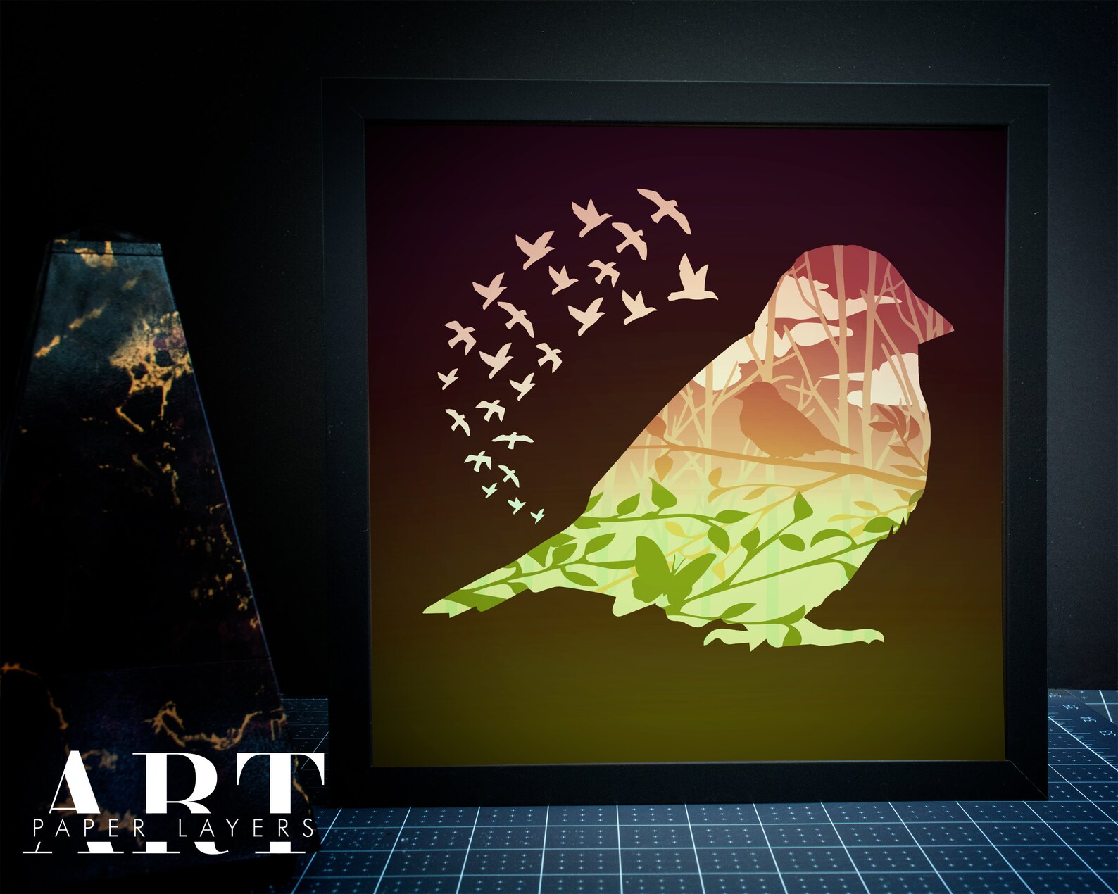 Bird Silhouette Shadowbox SVG Template, 3D Bird Branch Lightbox Cut ...
