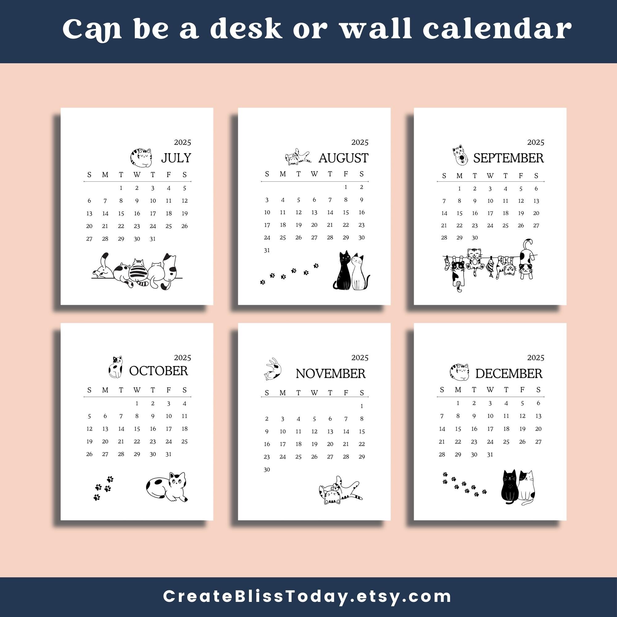 2025 Cat Calendar Printable, Cute Desk or Wall Calendar, Adorable Cat ...