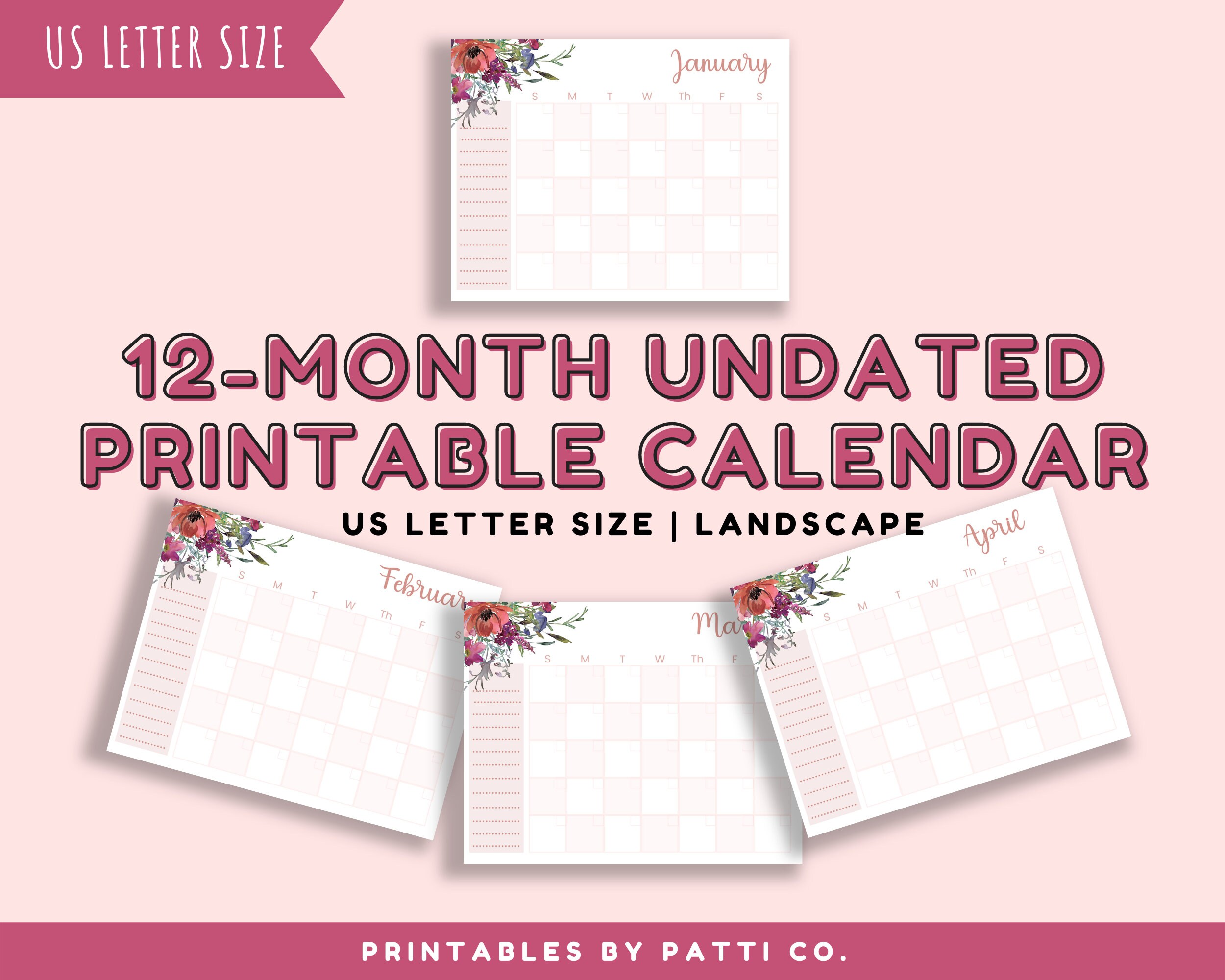 Undated Monthly Calendar Printable Landscape | Desk Calendar ...
