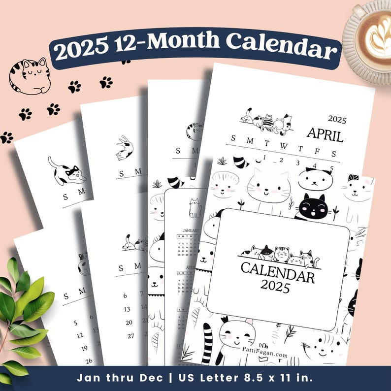 2025 Cat Calendar Printable, Cute Desk or Wall Calendar, Adorable Cat ...