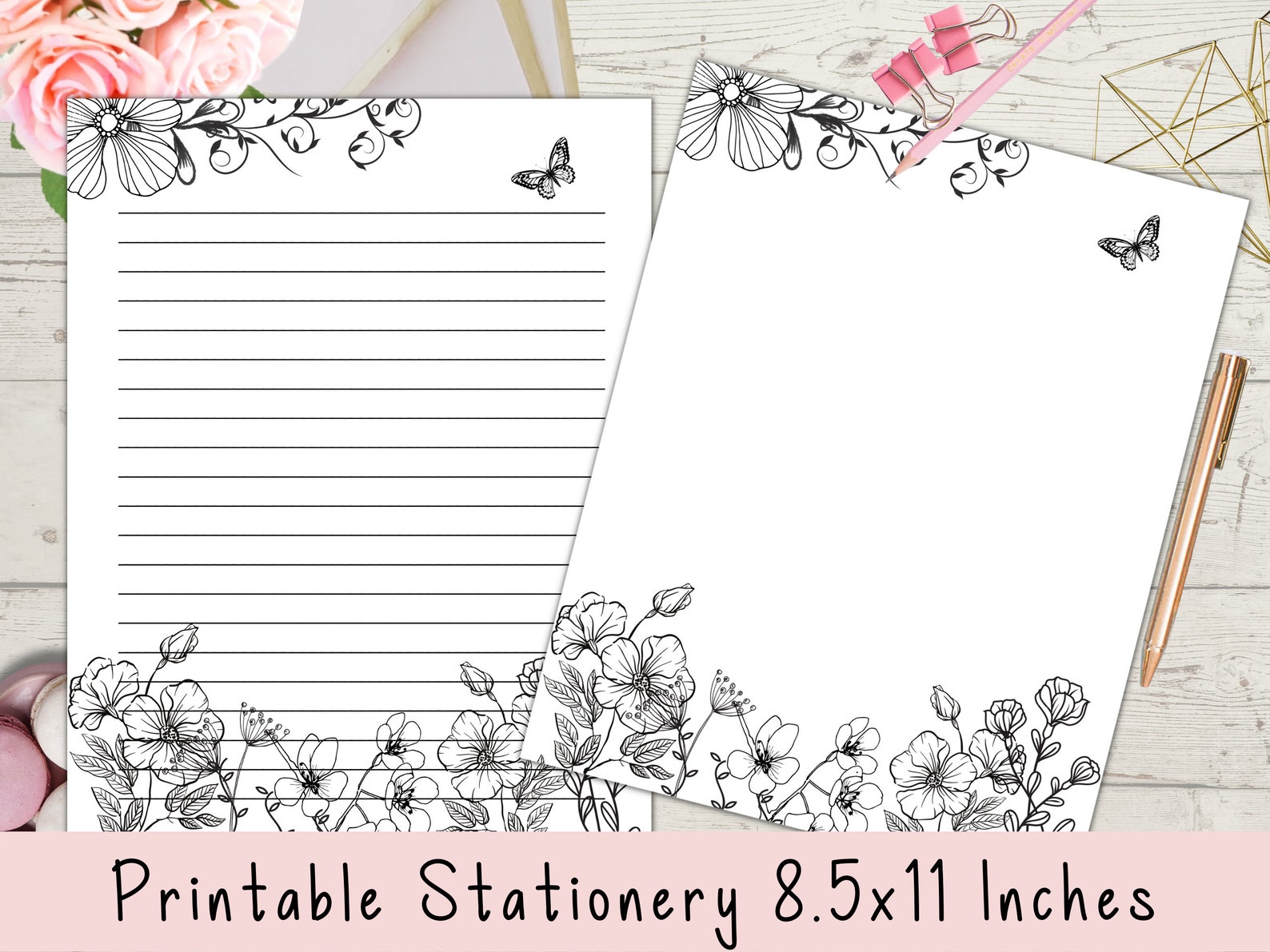 Printable Floral Stationery 8.5x11, Writing Paper, Printable Letter ...