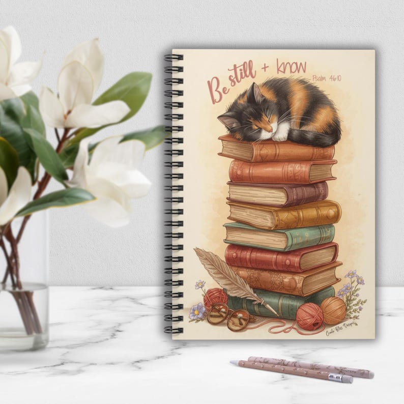 Calico Cat Book Stack Spiral Notebook, Christian Psalm 46 Be Still ...