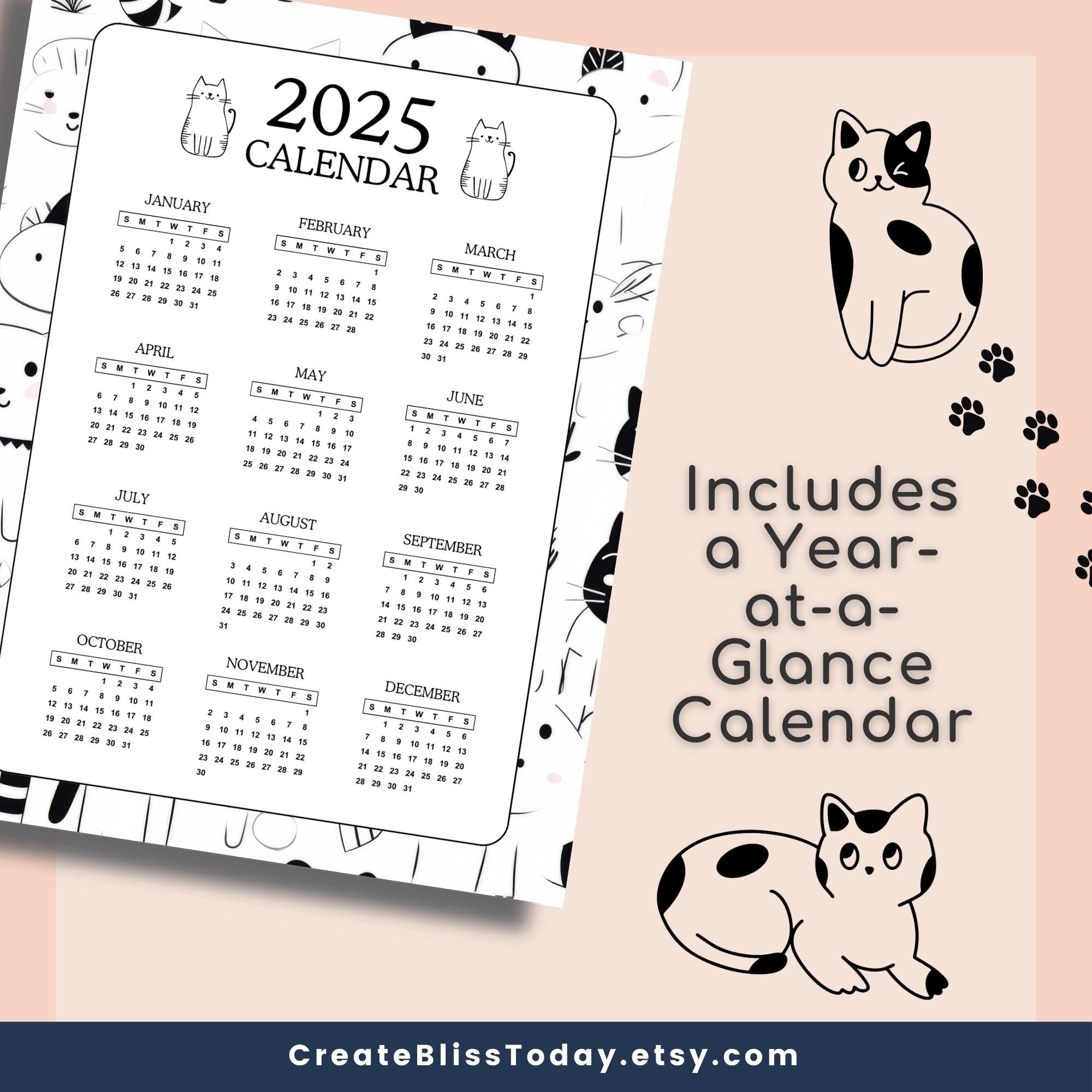 2025 Cat Calendar Printable, Cute Desk or Wall Calendar, Adorable Cat ...