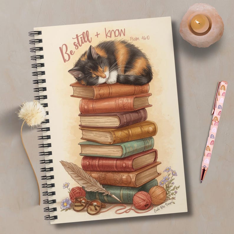Calico Cat Book Stack Spiral Notebook, Christian Psalm 46 Be Still ...
