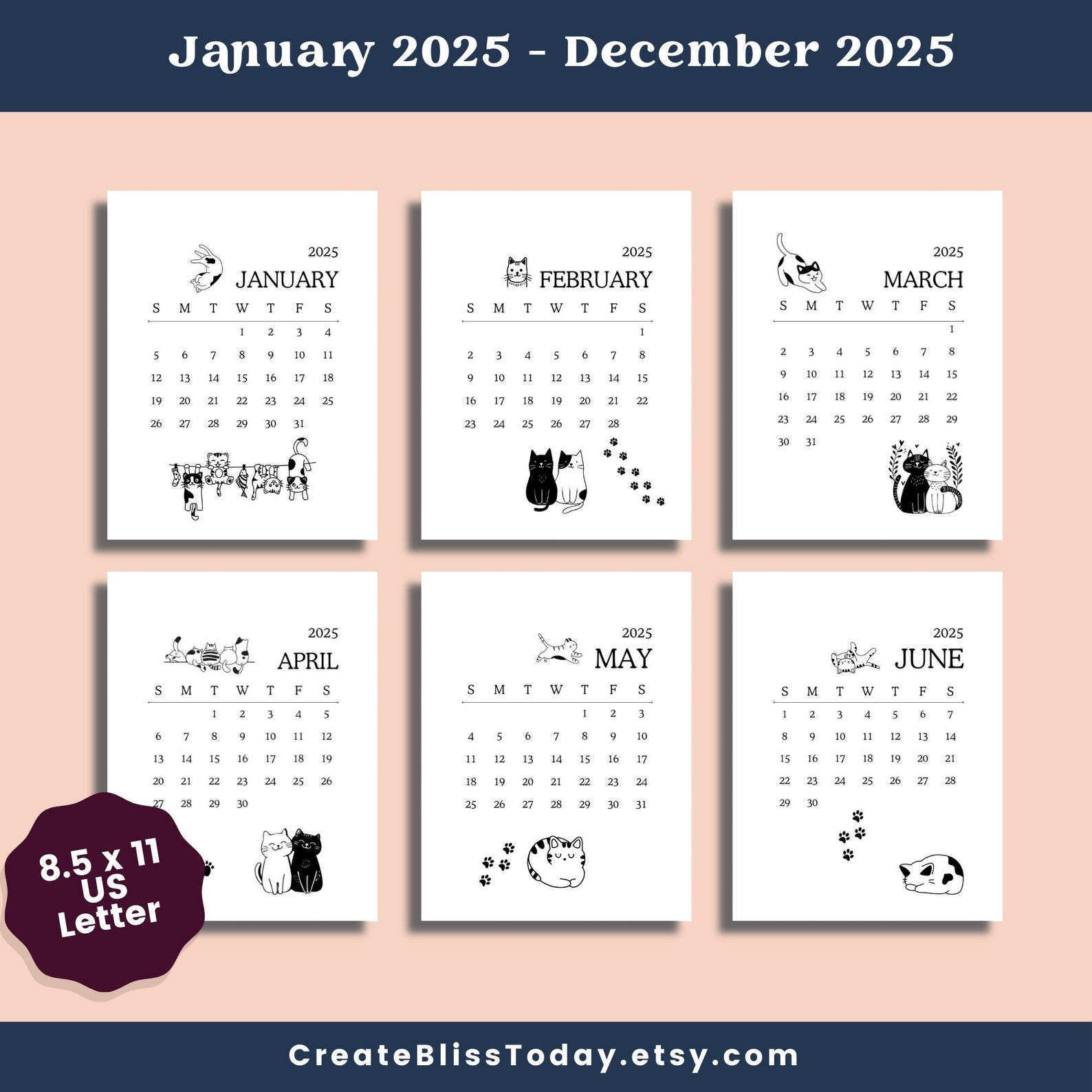 2025 Cat Calendar Printable, Cute Desk or Wall Calendar, Adorable Cat ...