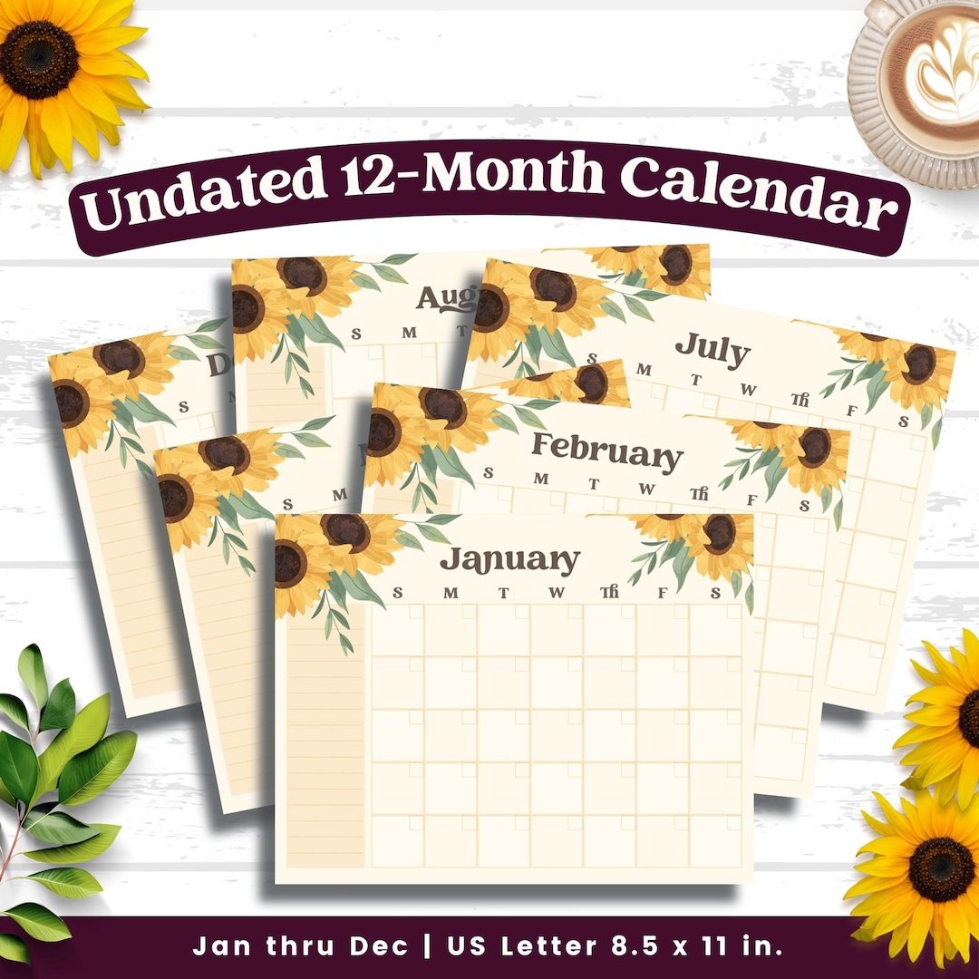 Printable 12-month Sunflower Calendar, Monthly Planner, Sunflowers ...