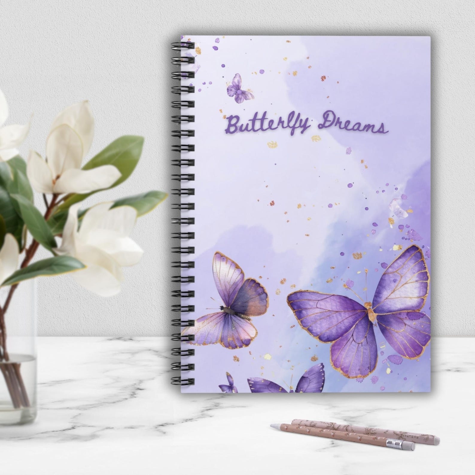 Purple & Gold Watercolor Butterflies Spiral Notebook, Nature Theme ...