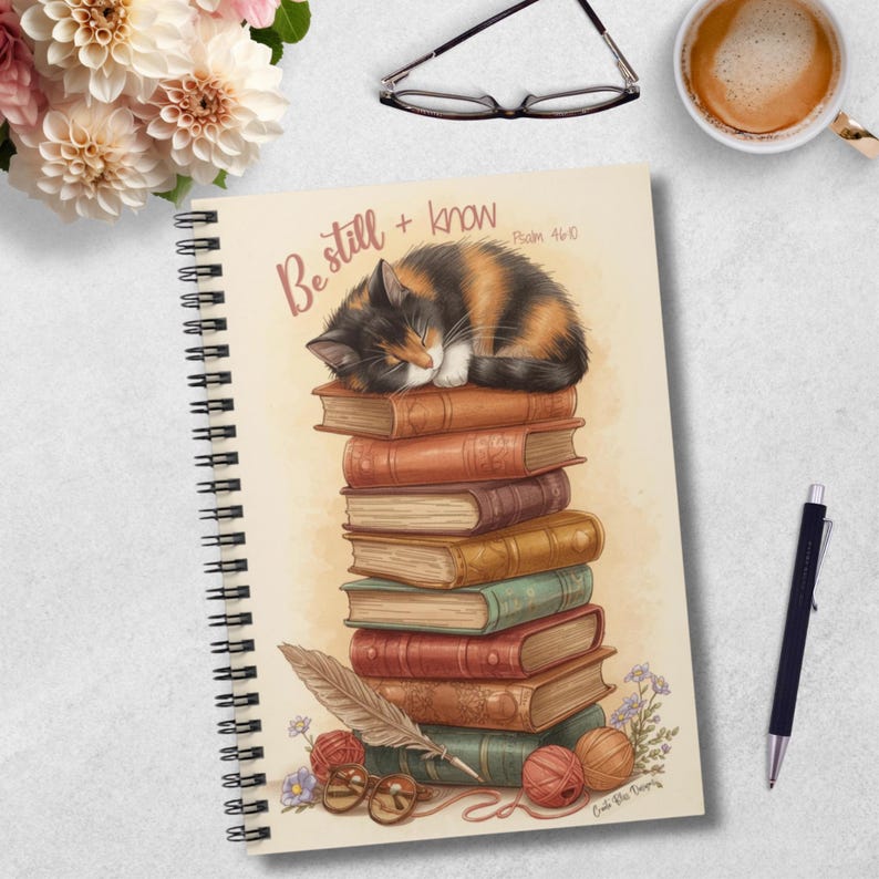 Calico Cat Book Stack Spiral Notebook, Christian Psalm 46 Be Still ...