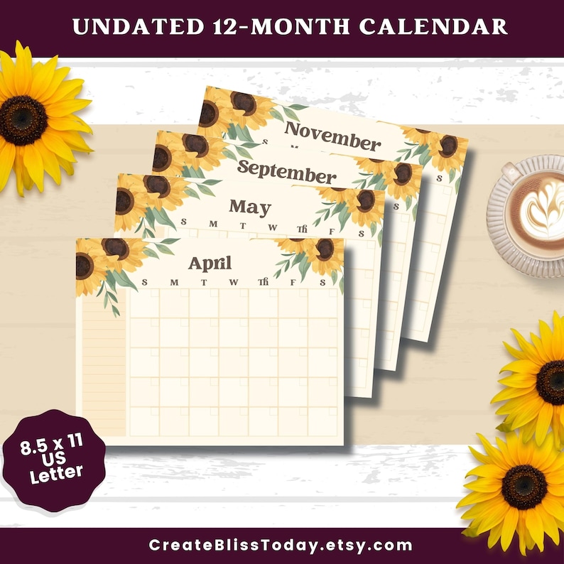 Printable 12-month Sunflower Calendar, Monthly Planner, Sunflowers ...