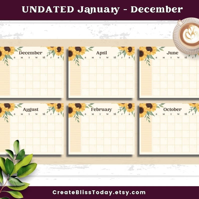 Printable 12-month Sunflower Calendar, Monthly Planner, Sunflowers ...