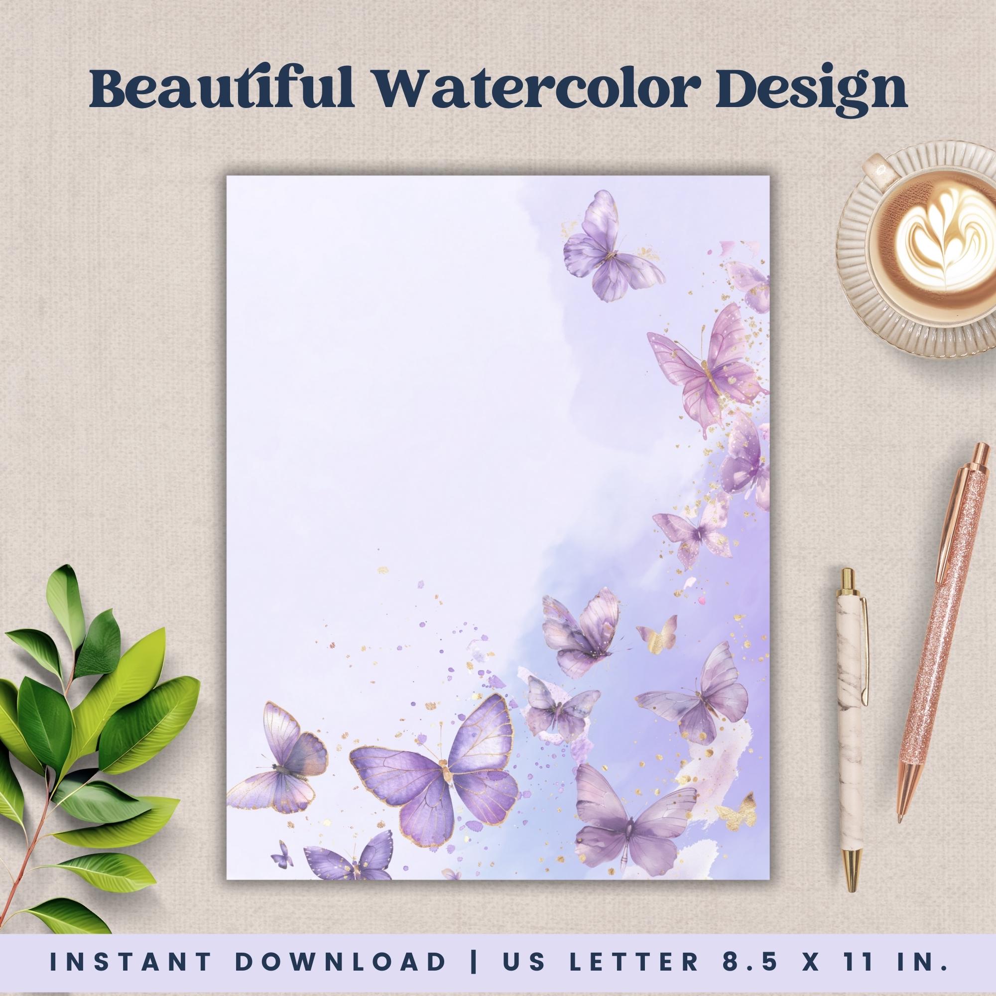 Purple Butterfly Writing Paper, Printable Stationery for Letter Writing ...