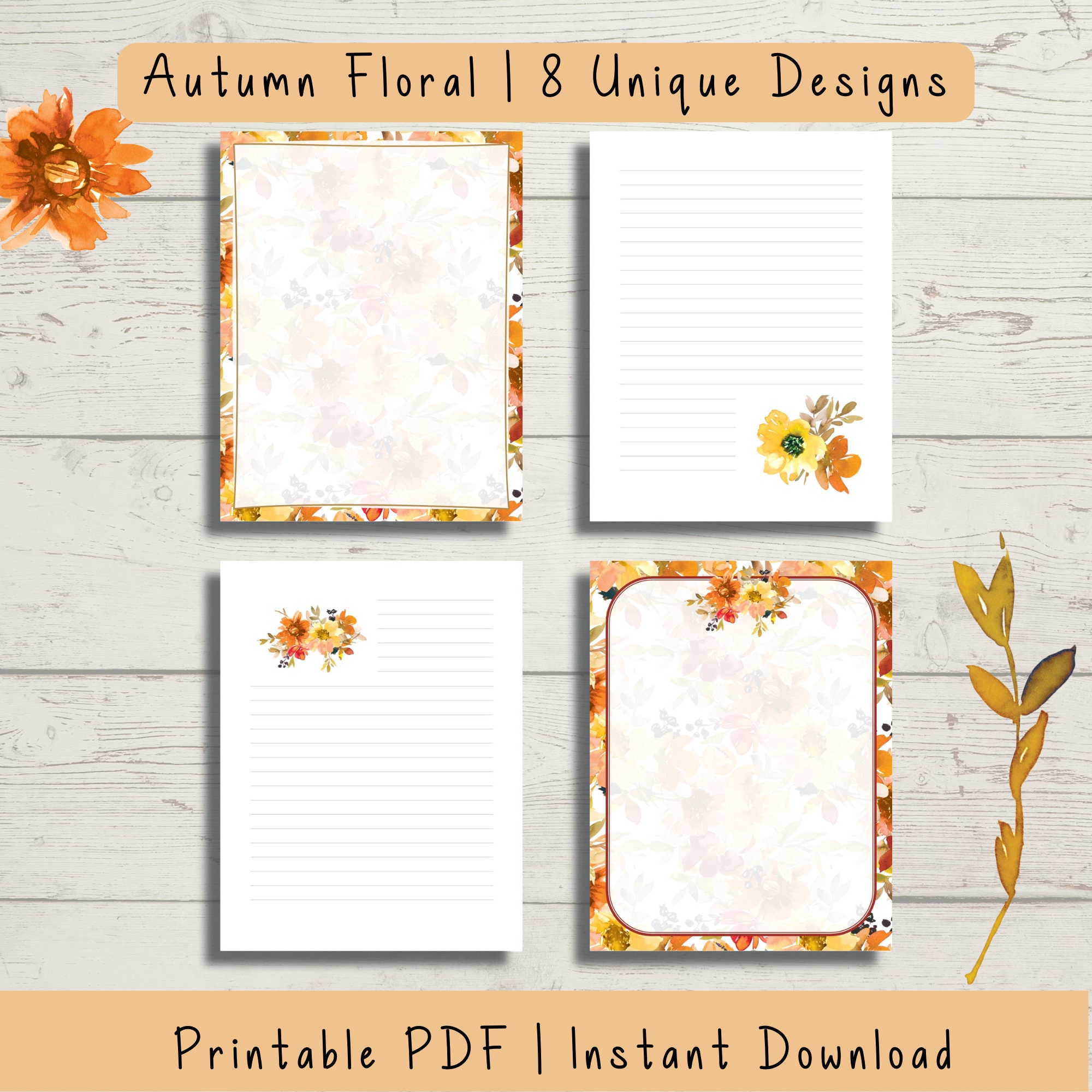 Printable Autumn Floral Stationery Set 8.5x11 Writing Paper - Etsy