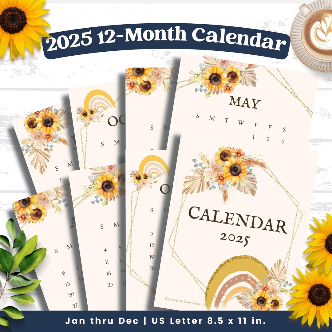 2025 Calendar Printable Sunflowers, Beautiful Floral Planner, Monthly ...