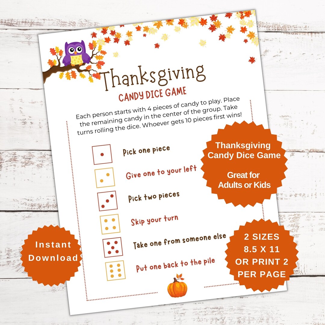 Thanksgiving Candy Dice Game, Fall Game Printable, Autumn Party Game ...