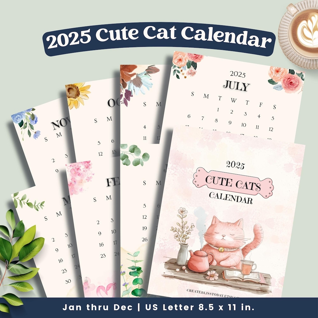 2025 Cat Calendar Printable - Cute Desk Calendar - Adorable Cat Art ...