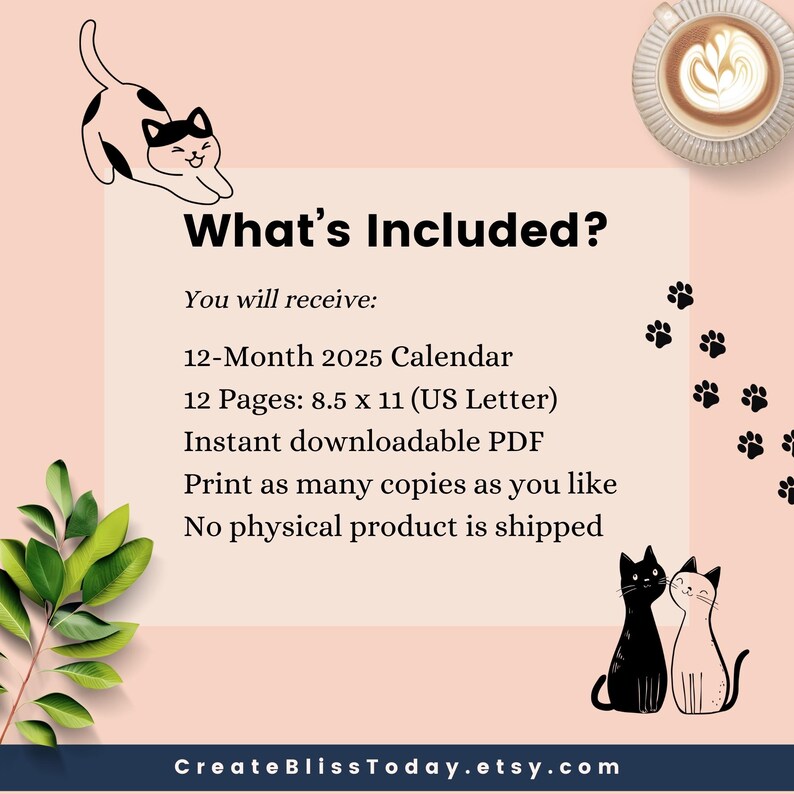 2025 Cat Calendar Printable, Cute Desk or Wall Calendar, Adorable Cat ...