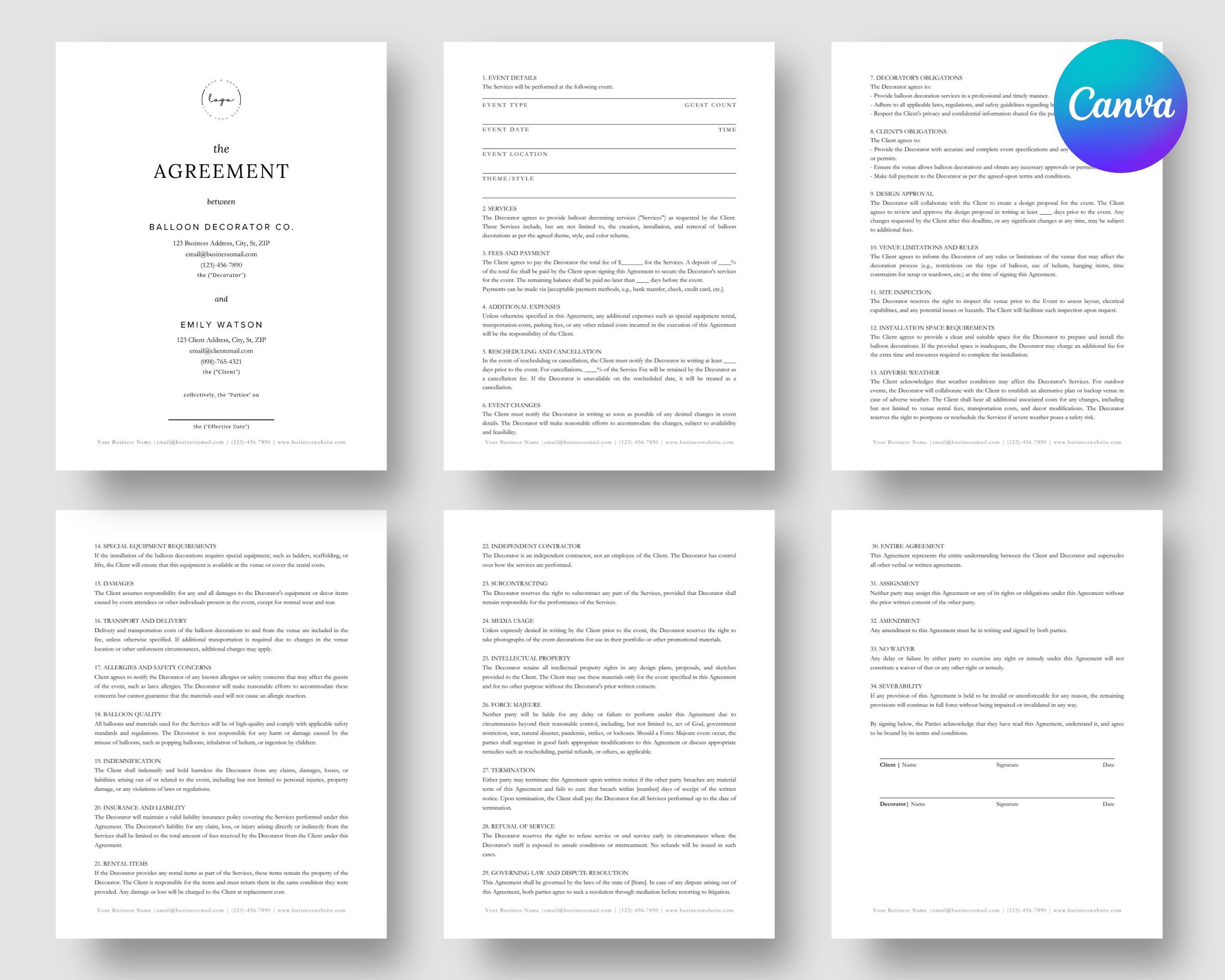Balloon Decoration Contract Agreement and Invoice Template - Etsy
