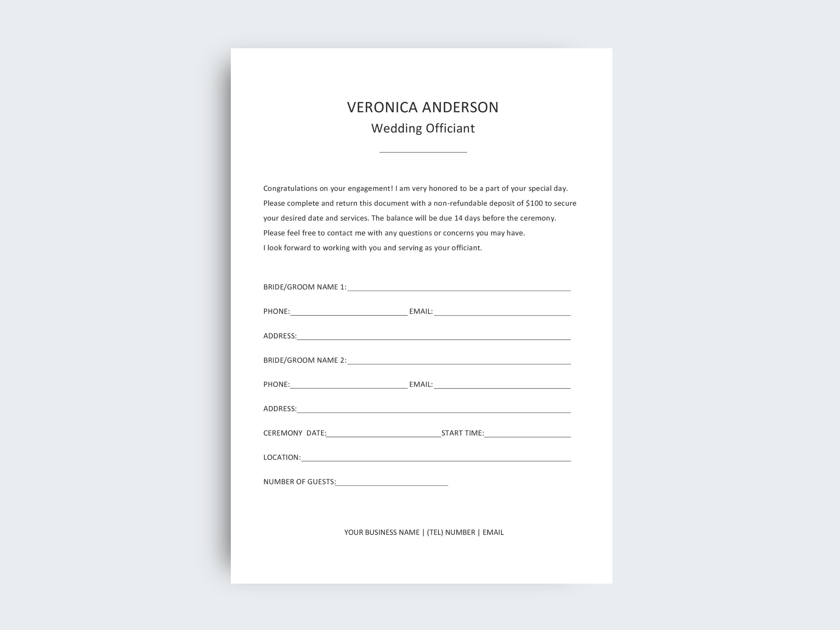 Wedding Officiant Contract Template Editable Marriage Etsy Australia