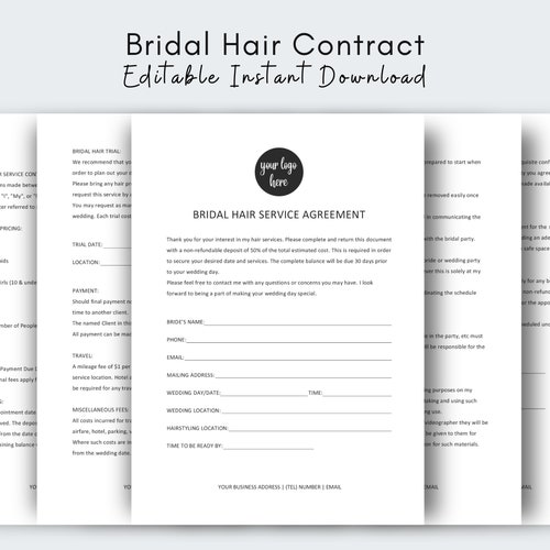 Editable Bridal Hairstylist Contract Template - Etsy