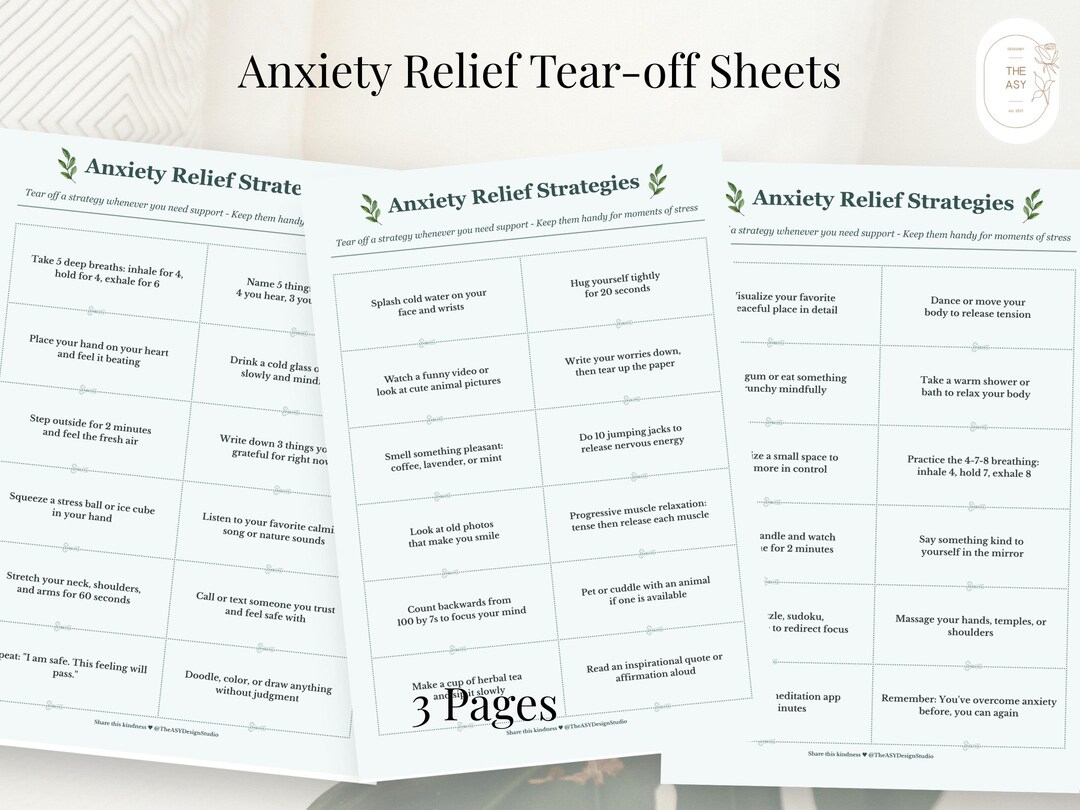 Anxiety Relief Tear off Sheets Coping Strategies Printable Mental ...