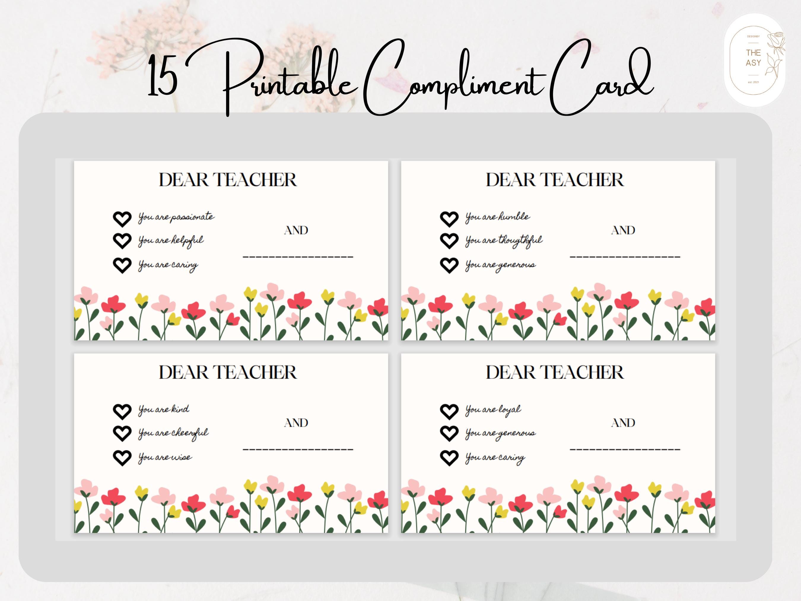 Teacher Compliment Cards Printable Student Gift Act of Kindness ...