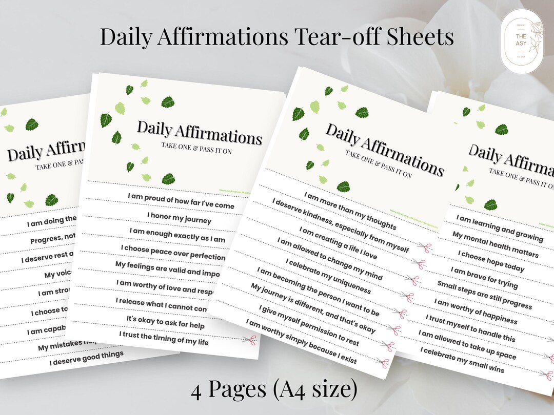 Daily Affirmations Tear off Printable Mental Health Self Care Therapy ...