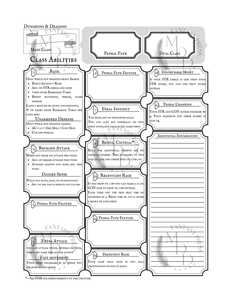 Barbarian Character Sheet Dungeons & Dragons 5e - Etsy