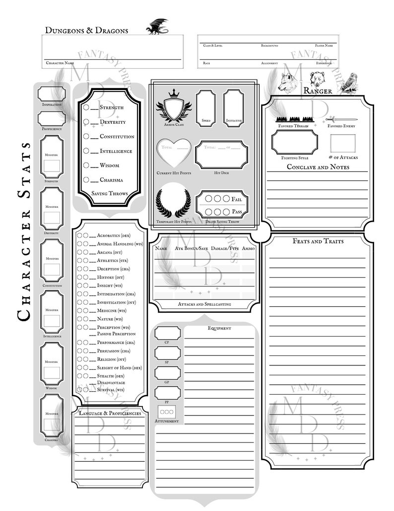Ranger Character Sheet Dungeons & Dragons 5e - Etsy