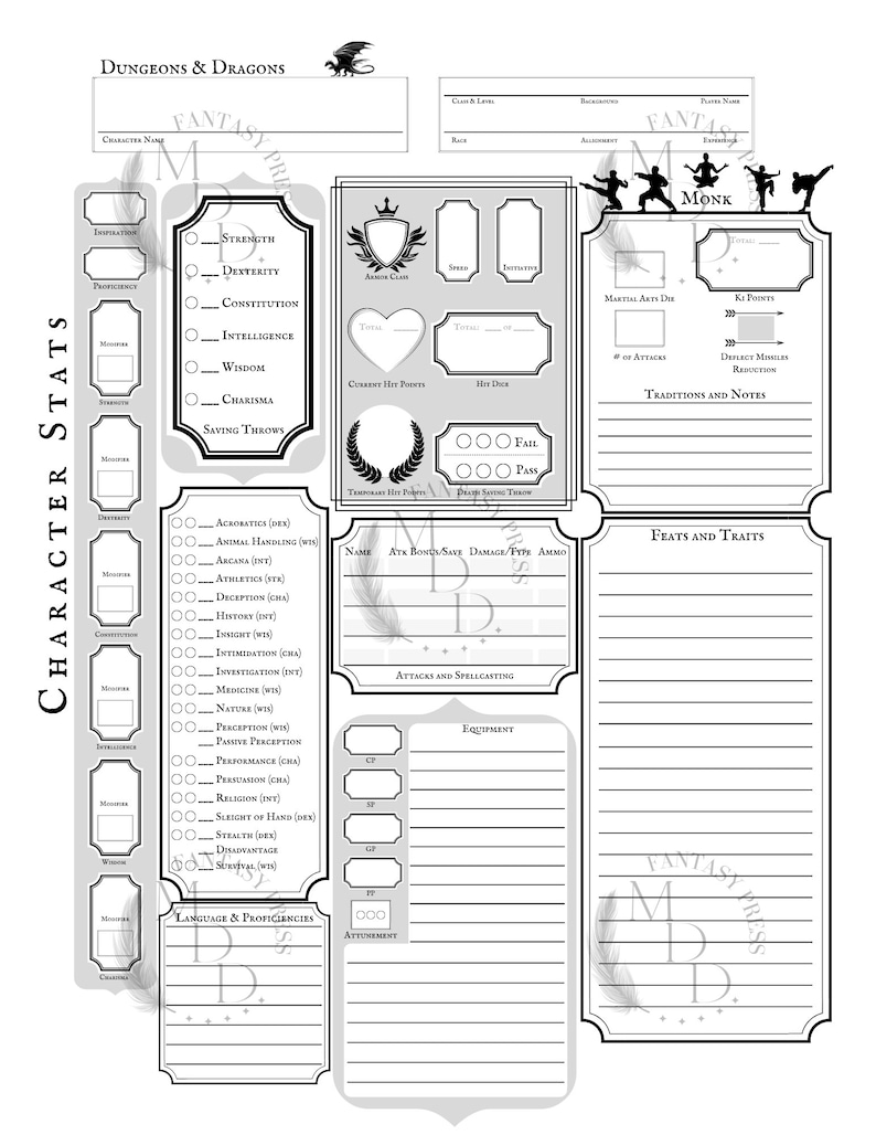 Monk Character Sheet Dungeons & Dragons 5e - Etsy