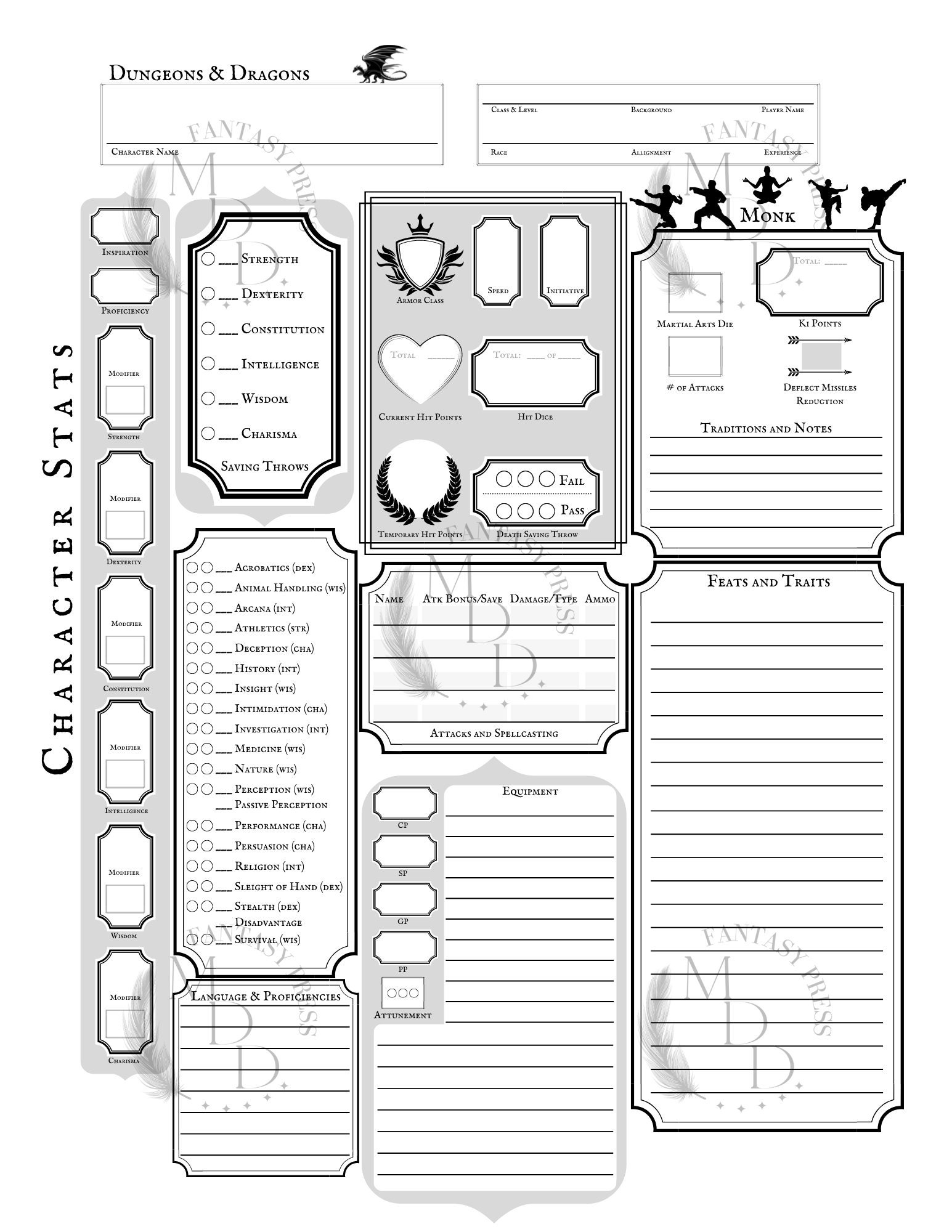 Monk Character Sheet Dungeons & Dragons 5e - Etsy