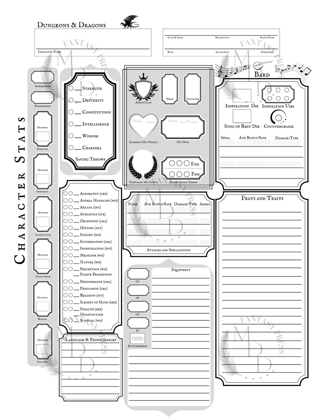 Bard Character Sheet Dungeons & Dragons 5e - Etsy