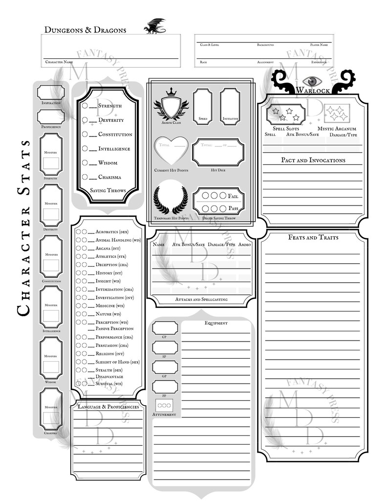 Warlock Character Sheet Dungeons & Dragons 5e - Etsy