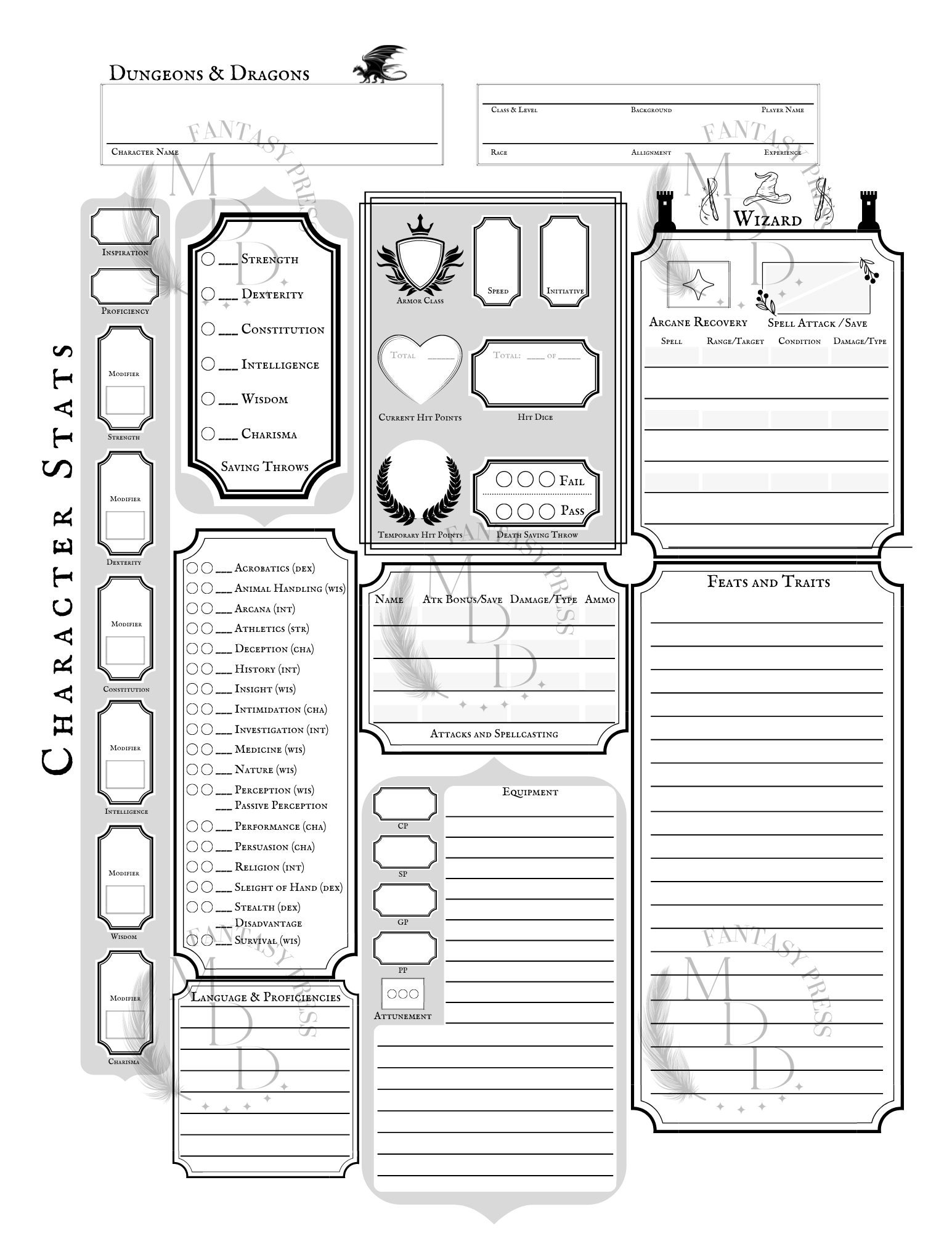 Wizard Character Sheet Dungeons & Dragons 5e - Etsy Australia